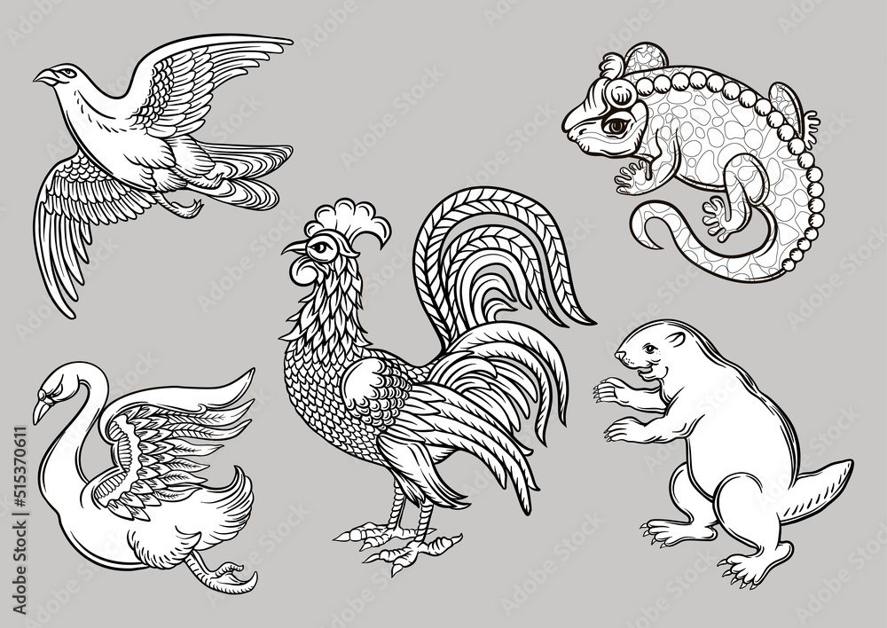 Symbolic heraldic animals and birds. Set off eagle, beaver, rooster ...