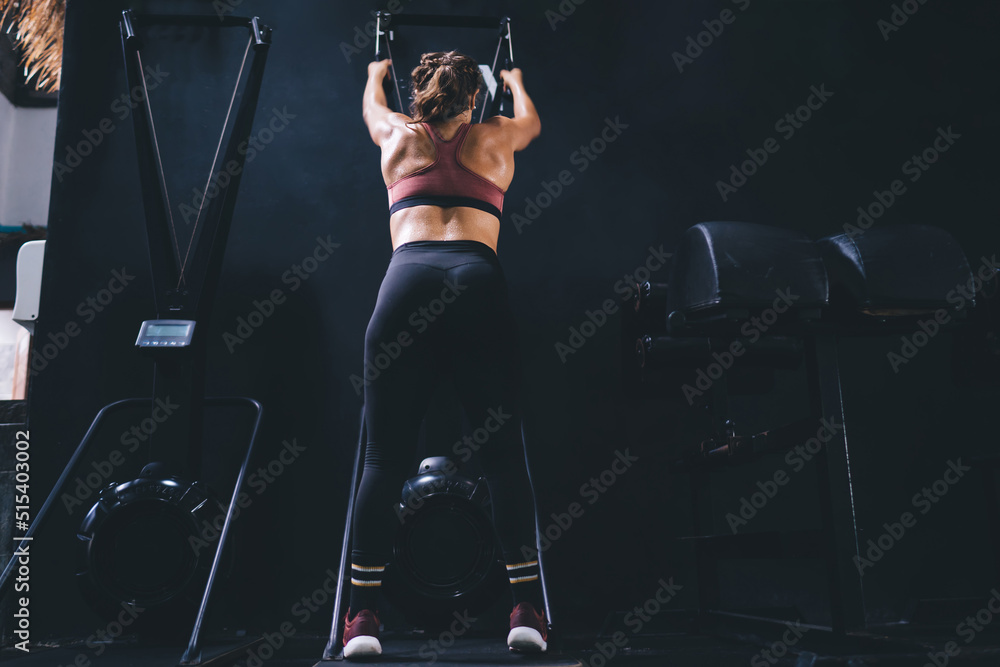 Back view of muscular female athlete lifting and exercising at gym ...