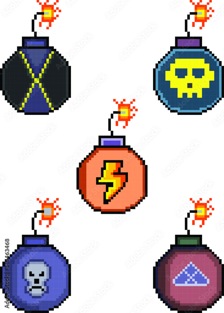Stock-Vektorgrafik „Bomb pixel art set. explosion pixel art minecraft.“ | Adobe Stock