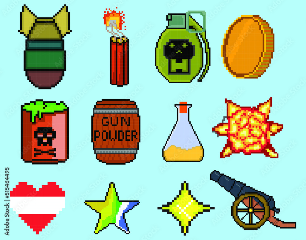 8 bit Pixel art game icon set. ui elements pixel set. game world and ...
