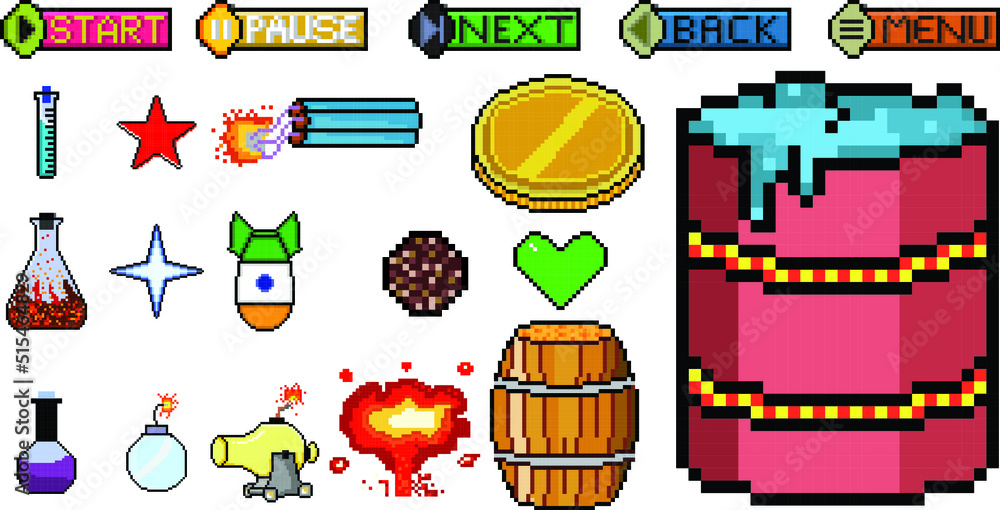 8 bit Pixel art game icon set. ui elements pixel set. game world and ...