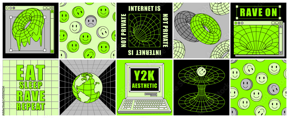 Y2K Rave brutalist stickers, social media posts.Acid trippy square ...