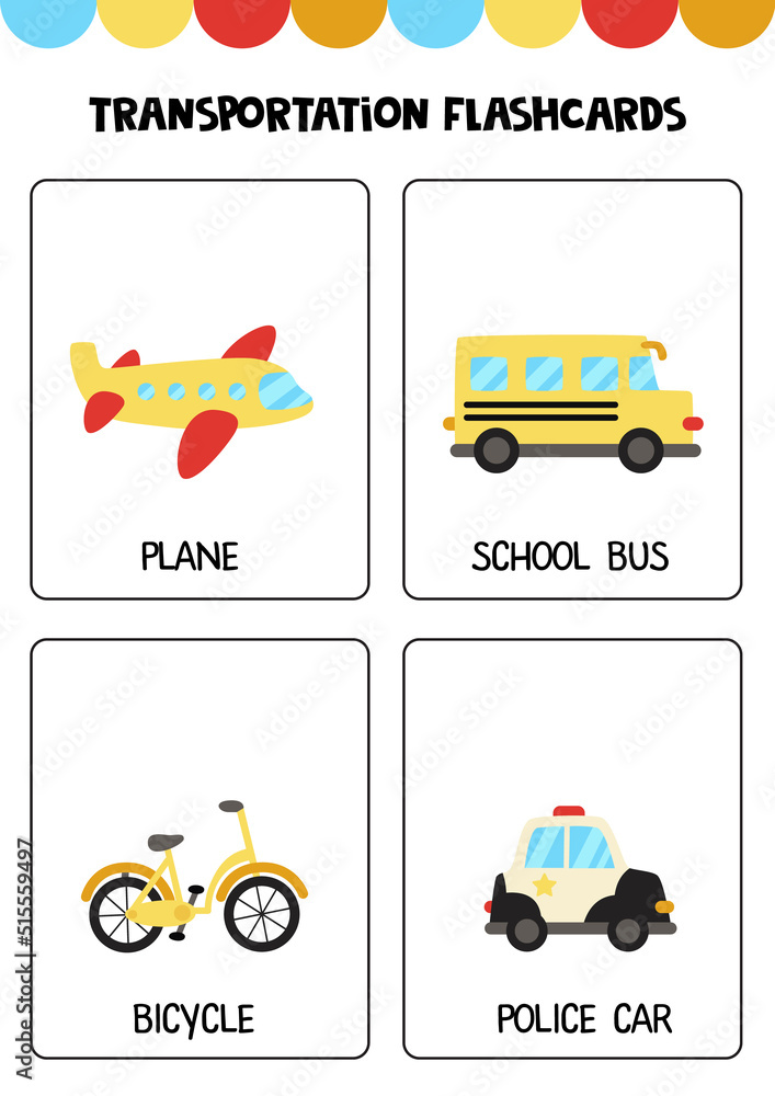 Cute cartoon transportation means with names. Flashcards for children ...