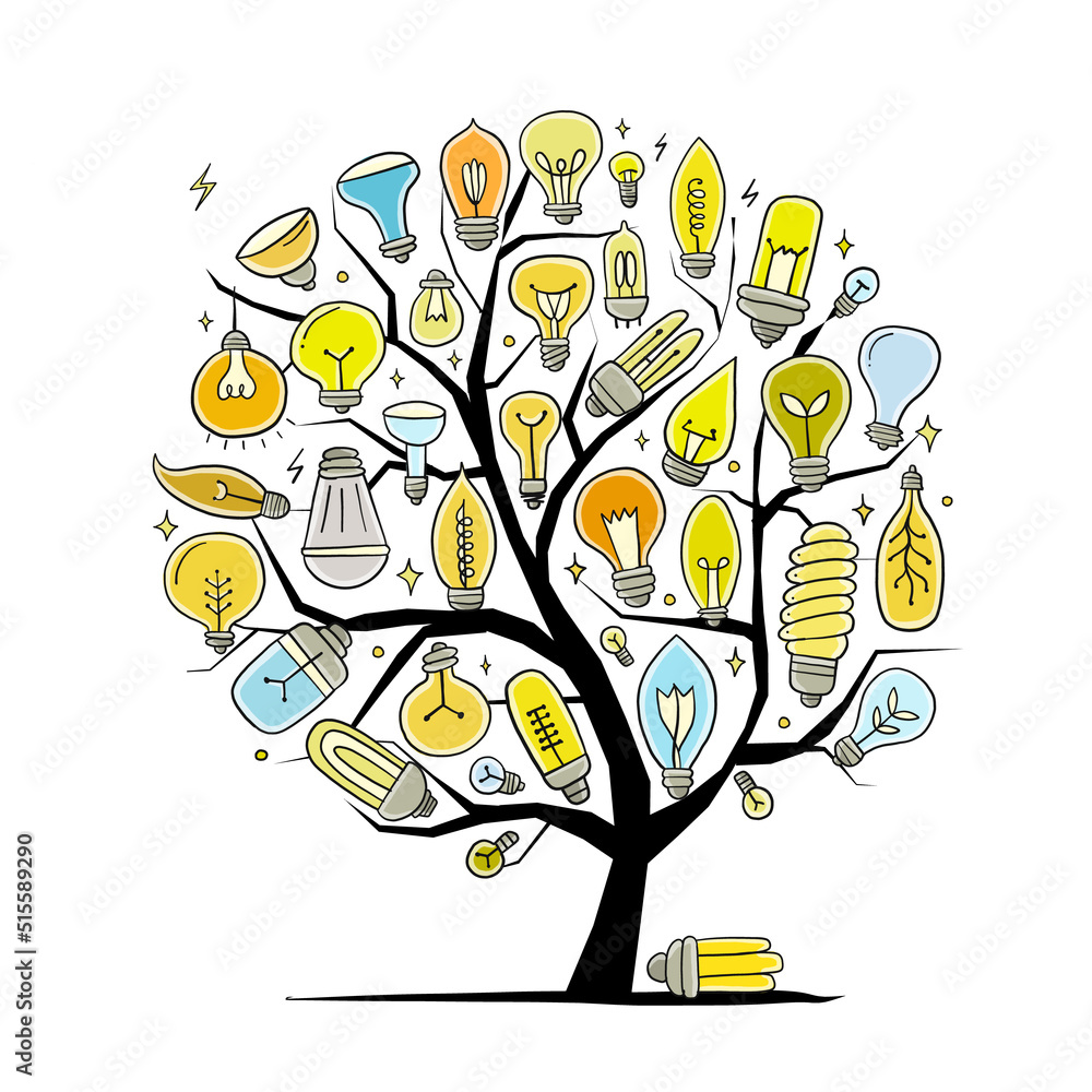 Light bulbs on tree. Ecology Concept art. Symbol of creativity, innovation, inspiration ...
