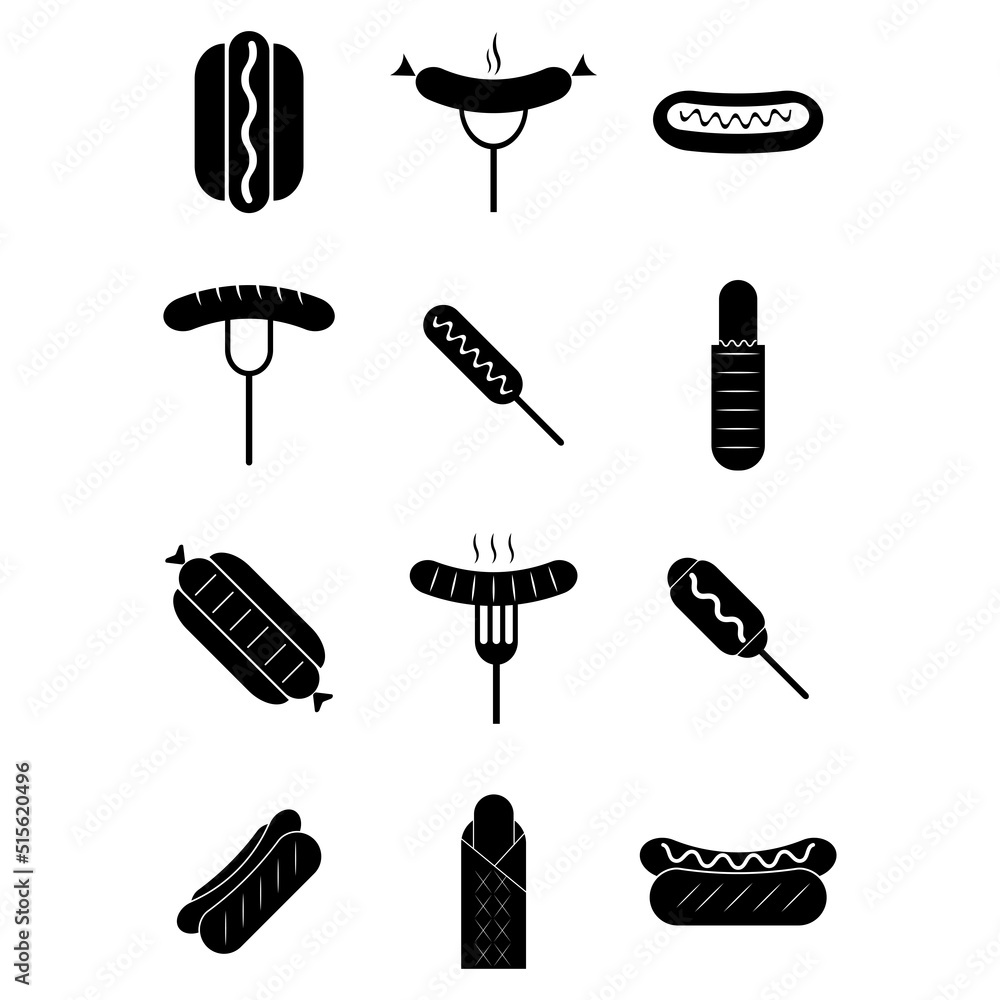 Hot dog icon set. Fast food sign. Hot dog template. Street food icon ...
