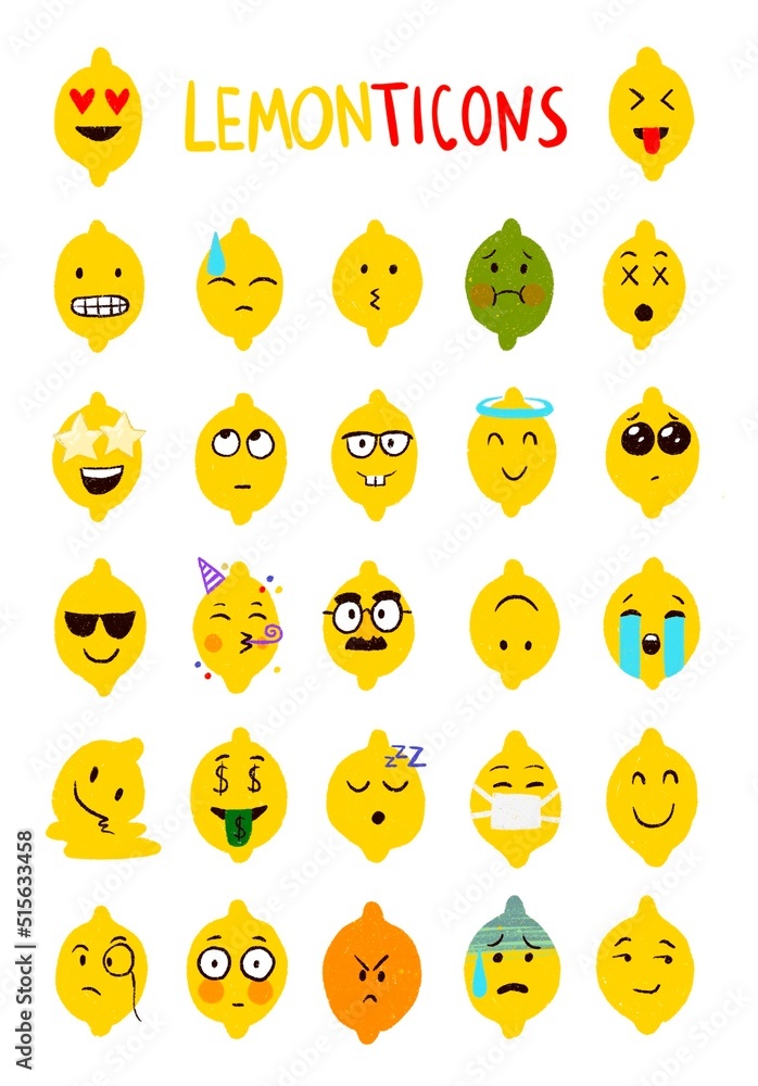 Lemon Emoticons - Illustrated emoji in the shape of lemons Stock ...