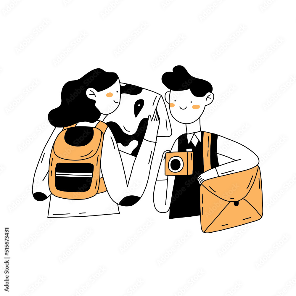 Cartoon traveller characters with camera and map hand drawn outline ...