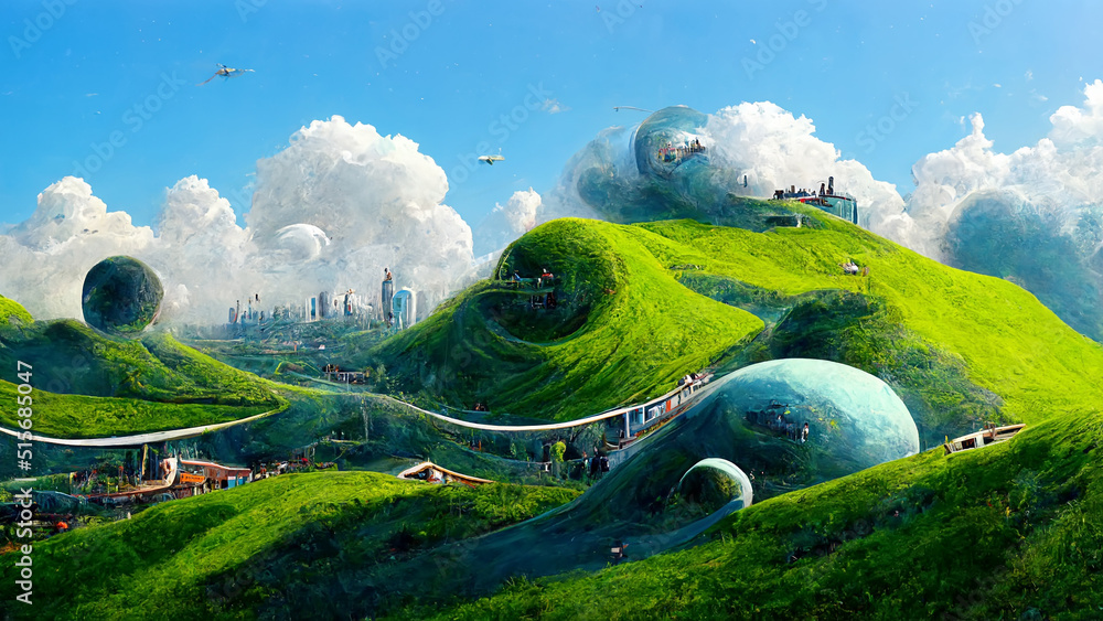 Ilustración de Stock utopian landscape with a city in the distance ...
