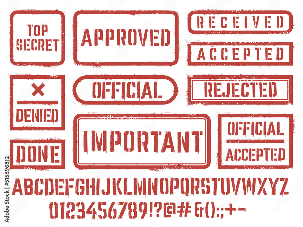 Rubber stamp font. Grunge alphabet letters, rejected and approved ...
