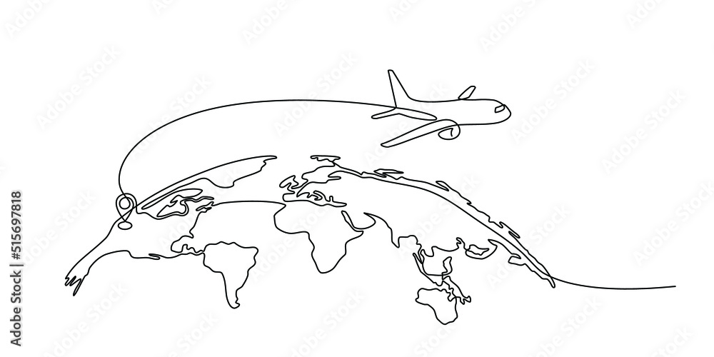 Continuous line drawing of airplane flight route and airport ...