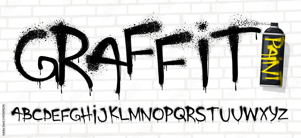 Spray graffiti font. Urban wall tagging lettering, street art text with ...