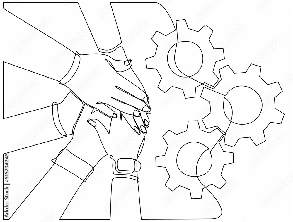 continuous line drawing of team holding hands together and gears ...