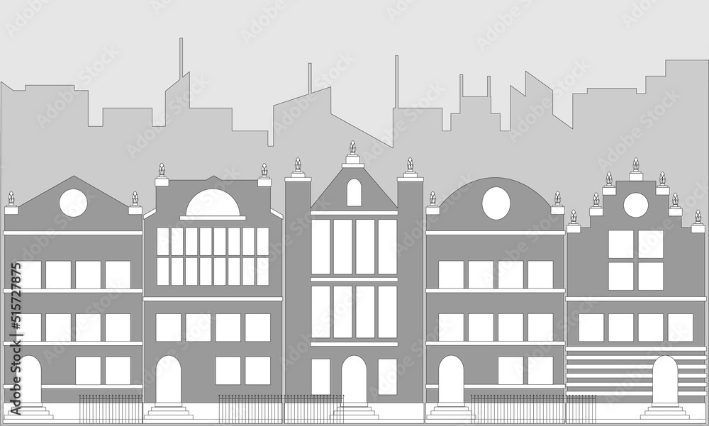 City Street flat design. Urban streetscape. Vector houses. Cartoon ...
