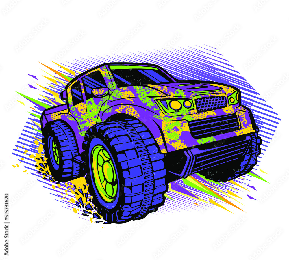 Off road truck illustration on linear background. Purple SUV poster ...