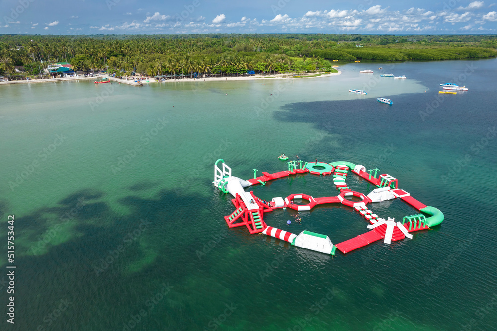 Anda, Pangasinan, Philippines - Aerial of a inflatable water park setup ...