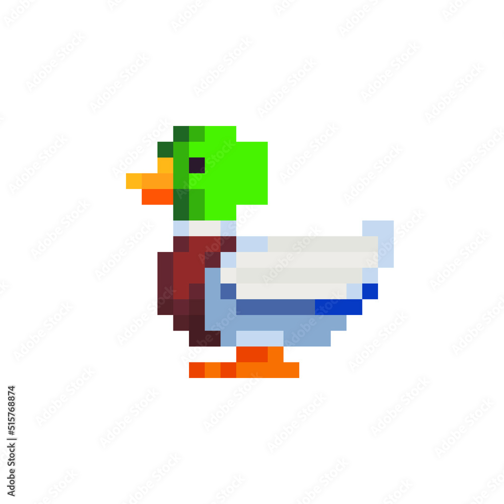 Duck. Pixel art character. 8-bit sprite. Isolated vector illustration. Sticker design. Stock ...