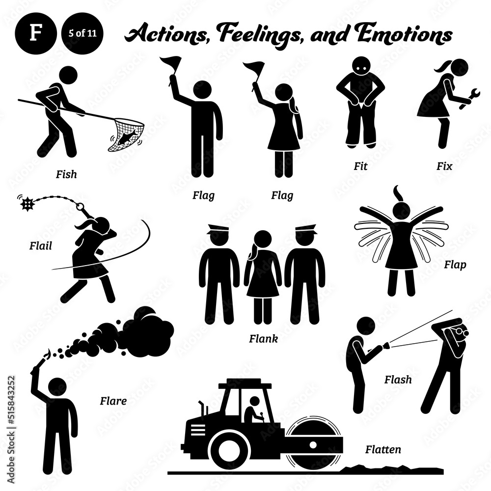 Stick figure human people man action, feelings, and emotions icons ...