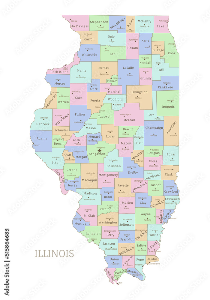 Political color map of Illinois, USA federal state. Highly detailed map ...
