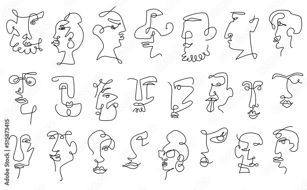 abstract one continuous line male and female funky faces, outline ...