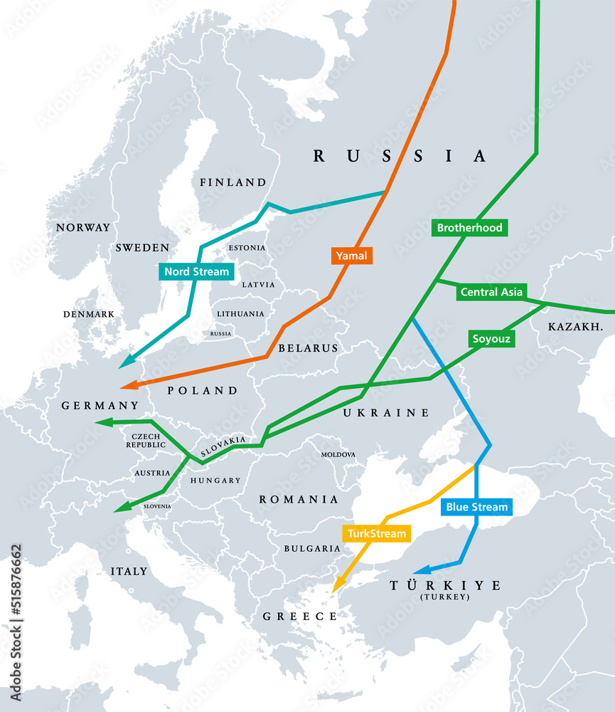 Natural gas pipelines from Russia to Europe, political map. Existing ...