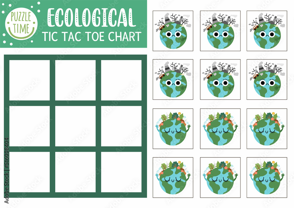 Vector ecological tic tac toe chart with smiling and sad polluted ...