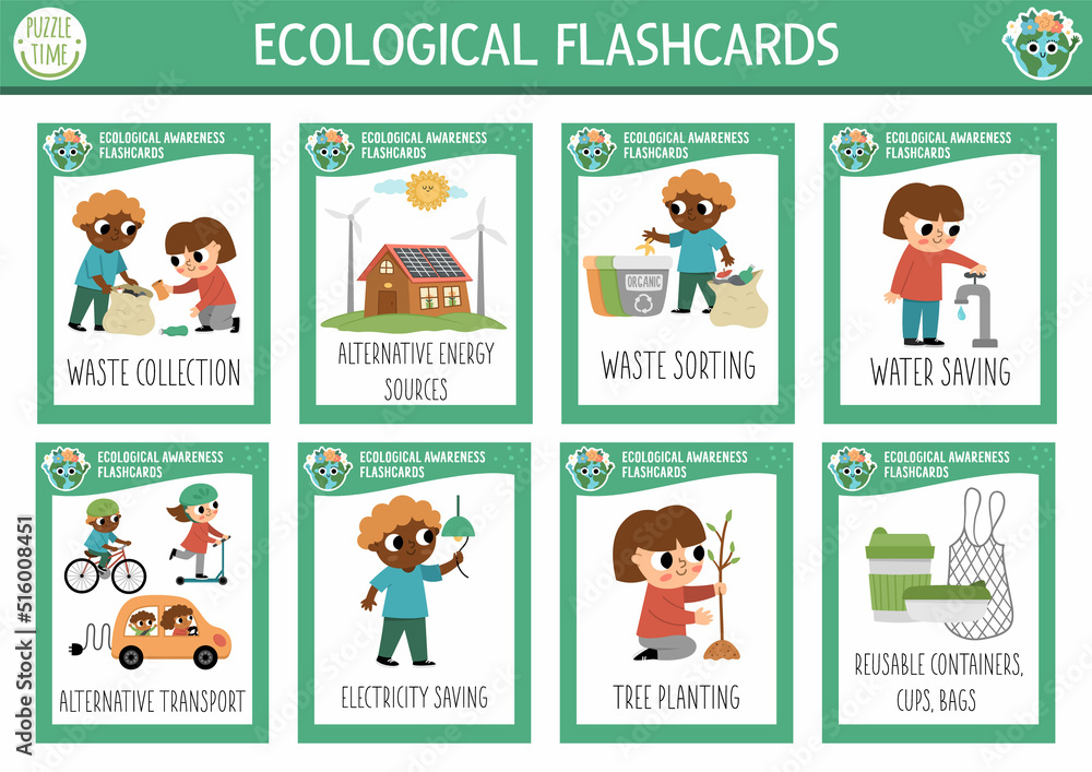 Vector flash cards set with kids caring of environment. Ecological ...