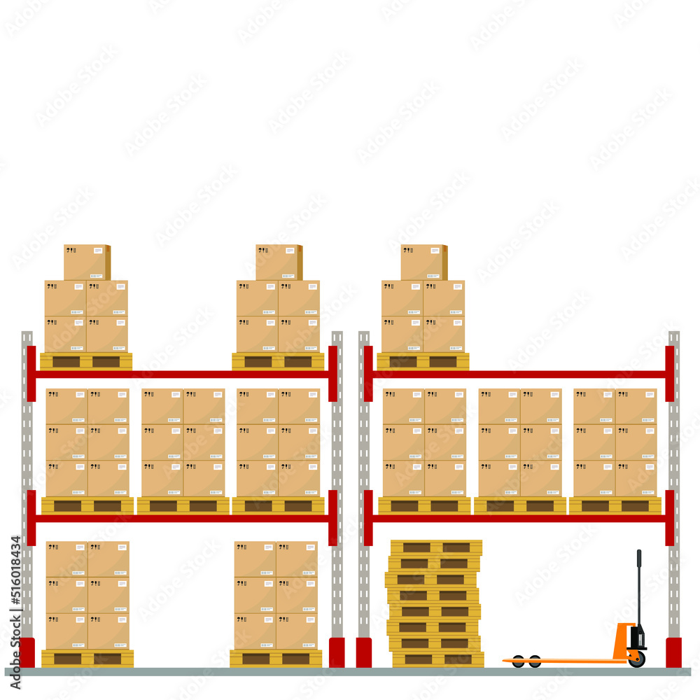 Vektor Metal racks for a warehouse with boxes on pallets. Flat design ...