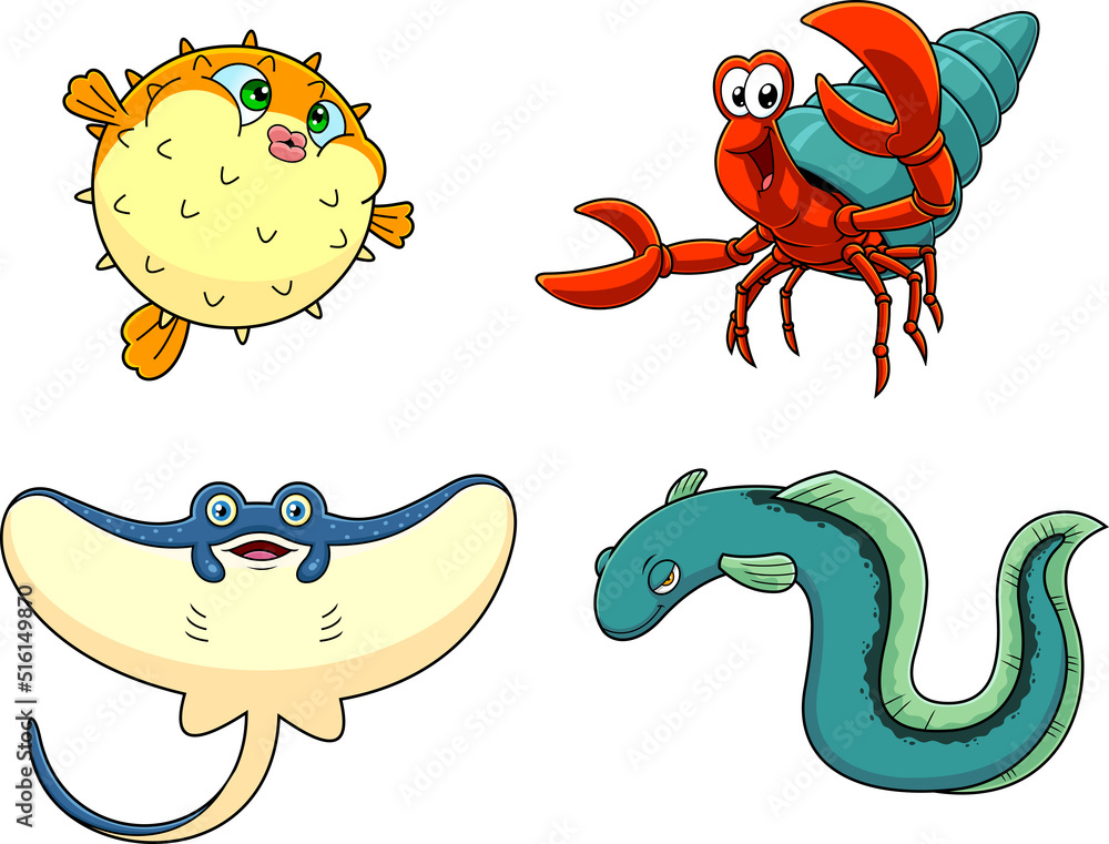 Ocean Or Sea Animals Cartoon Characters Different Poses. Vector Hand ...