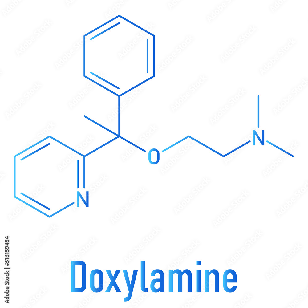 Skeletal formula of Doxylamine antihistamine drug molecule. Also used ...