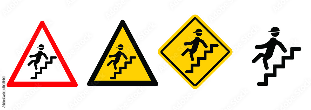 Risk or falling stairs warning symbol. Stickman, stick figure man ...