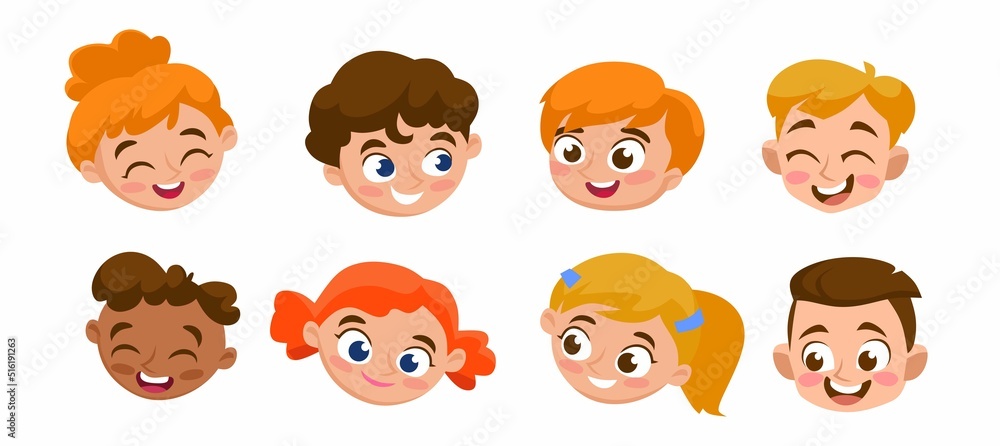 Set of smiling and laughing kids faces. Happy faces of young children ...