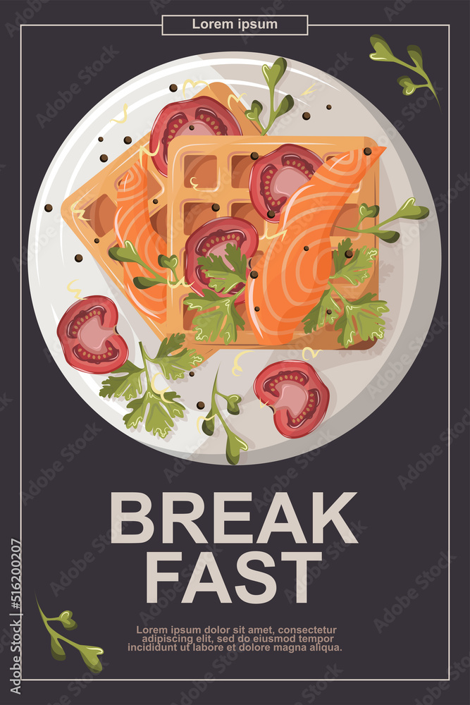 Banner of ready breakfast consisting of waffles, salmon fish, tomato ...