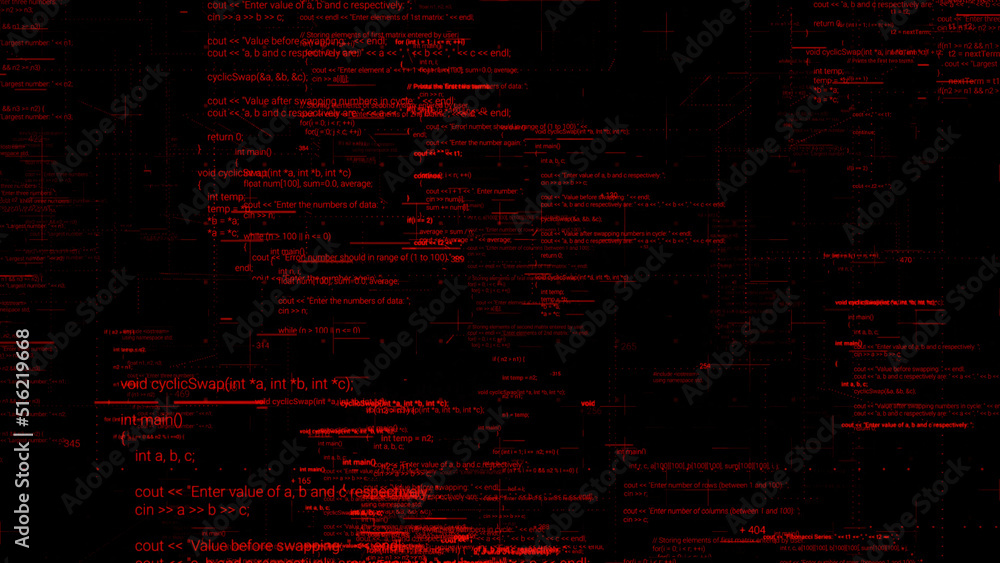 Flying backwards through the symbols of computer code. Animation. Abstract cyberspace with ...