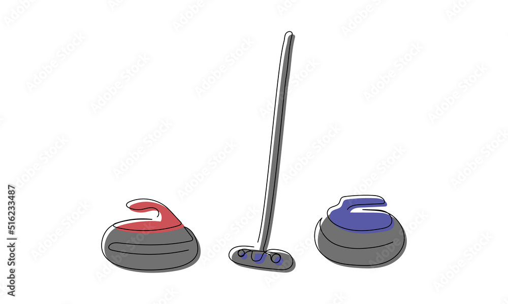 Curling set with broom and stone colored one line art. Continuous line ...