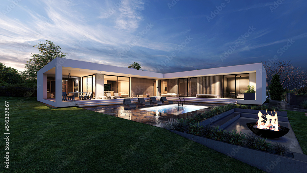 Design house - modern villa evening and at night with open plan living ...