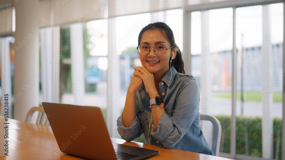 Asia young casual people teen girl woman look at camera sit relax smile ...