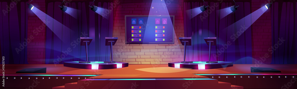 Quiz game stage interior with stands, spotlights, questions on digital ...