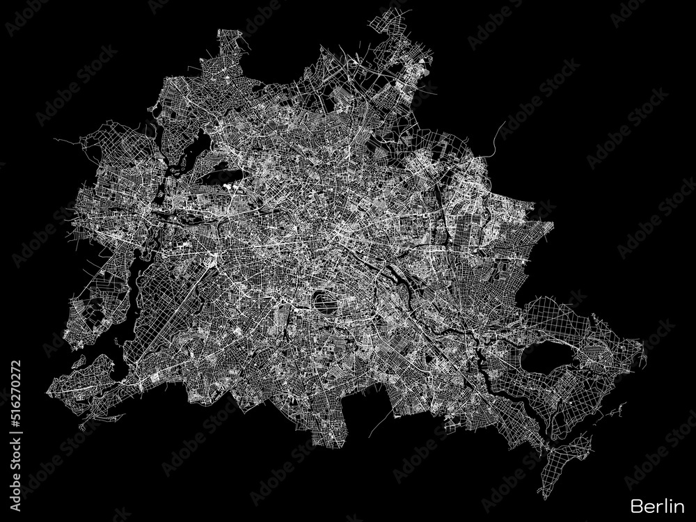Berlin city map with roads and streets, Germany. Black and white. Vector outline illustration ...