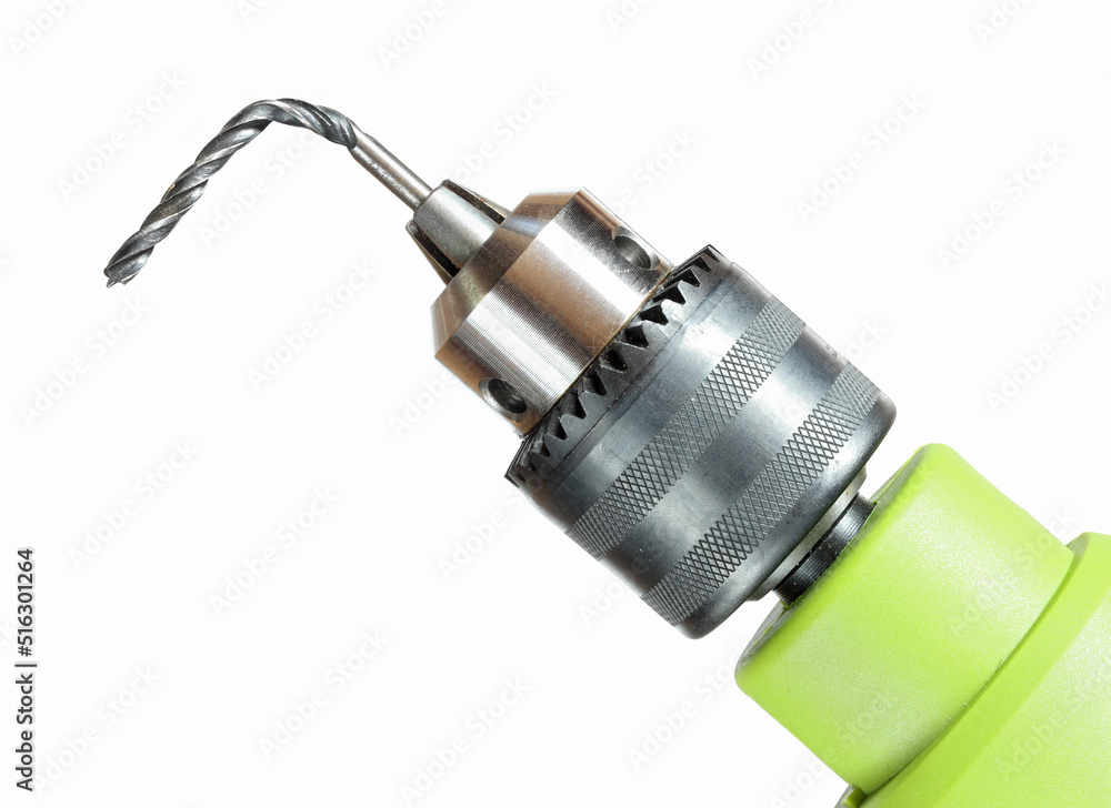 The bent drill bit in hand drilling-machine, close up view Stock Photo ...