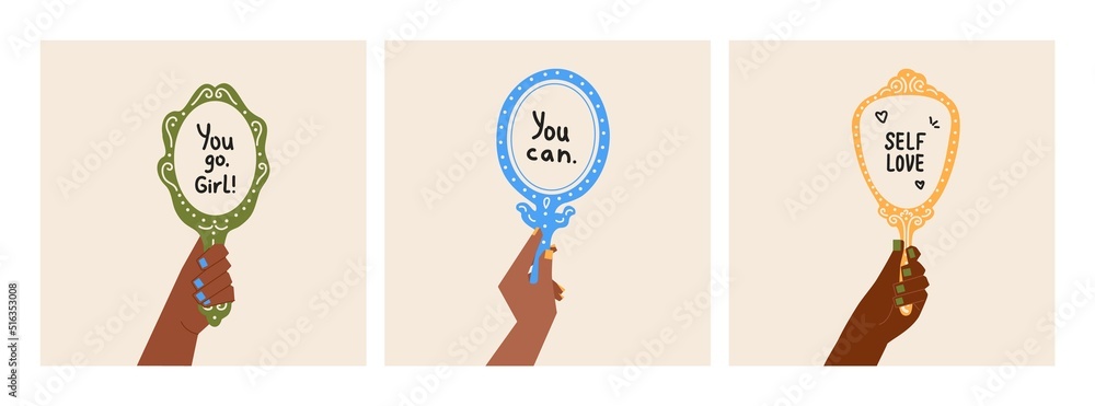 Woman hand holding mirror. Abstract motivational quotes acceptance self ...