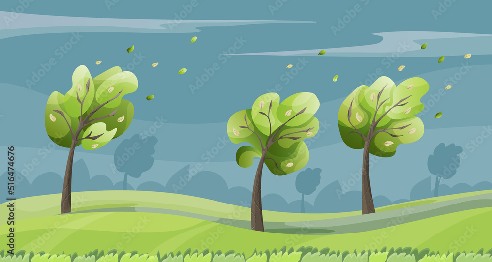 Stock-Vektorgrafik „Trees during the windstorm. Green trees with ...