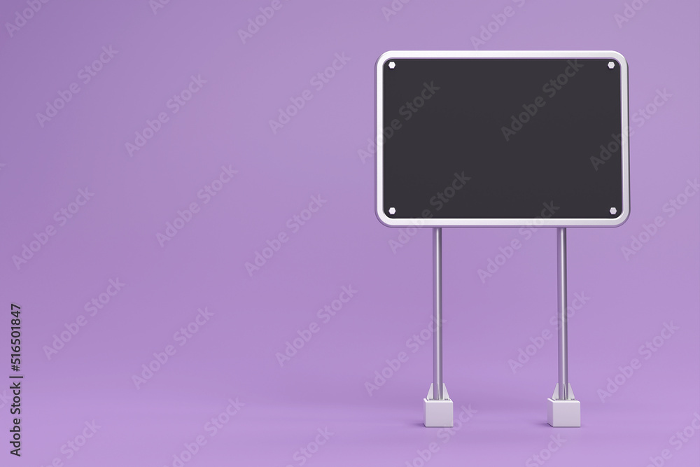 Blank chalk board street stand mockup on purple background. Two steel ...