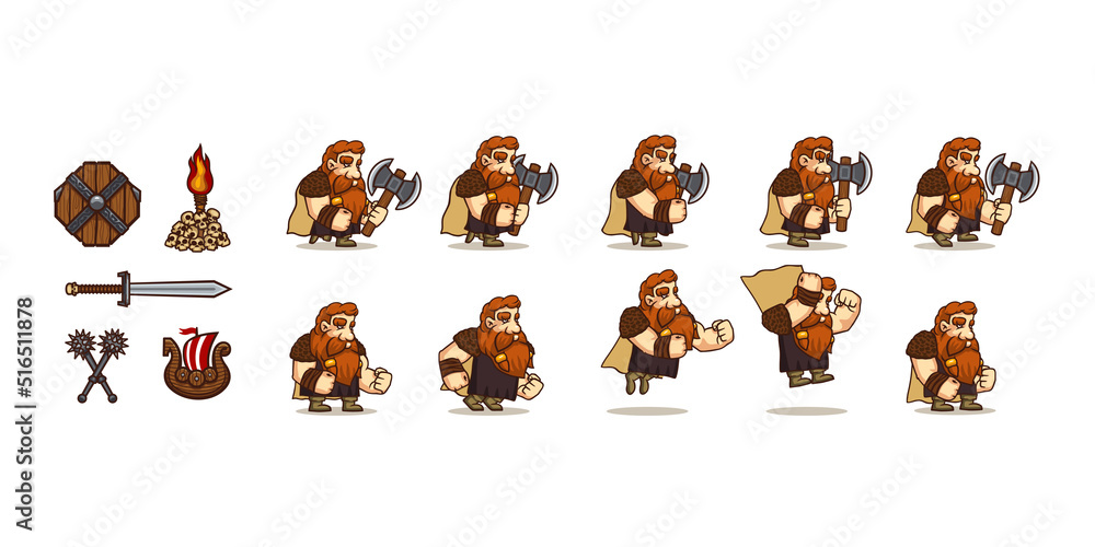 Game character viking walk and jump cycle sequence. Vector cartoon ...