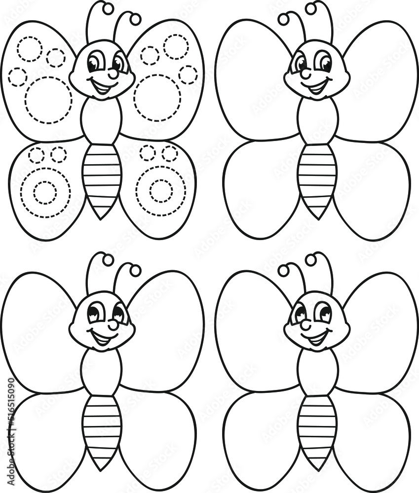 Coloring page outline of cartoon butterflies. Educational exercise ...