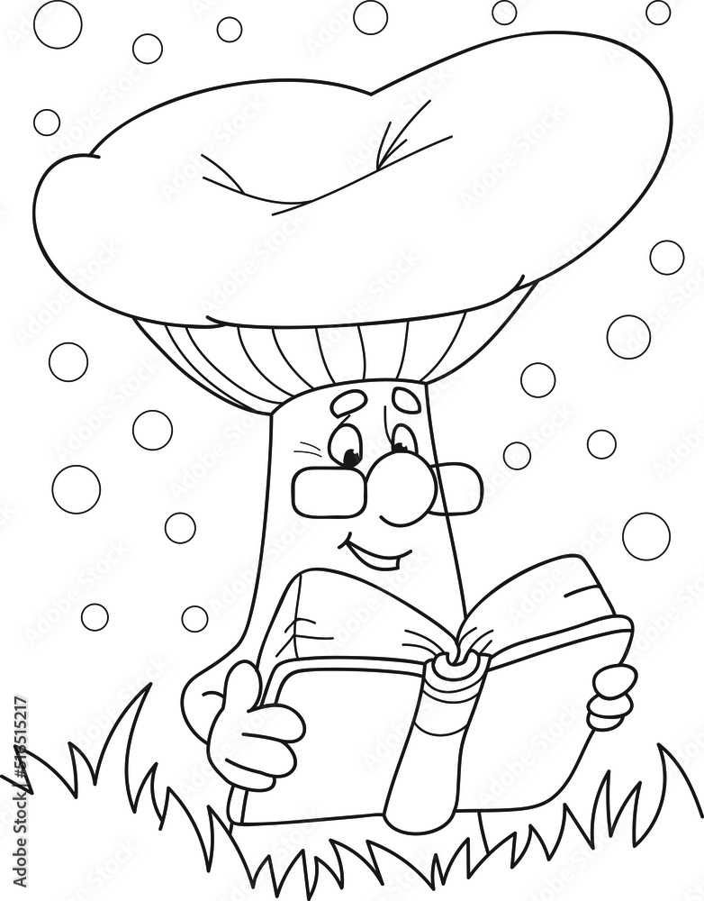 Coloring page outline of cartoon smiling cute mushroom reading a book ...