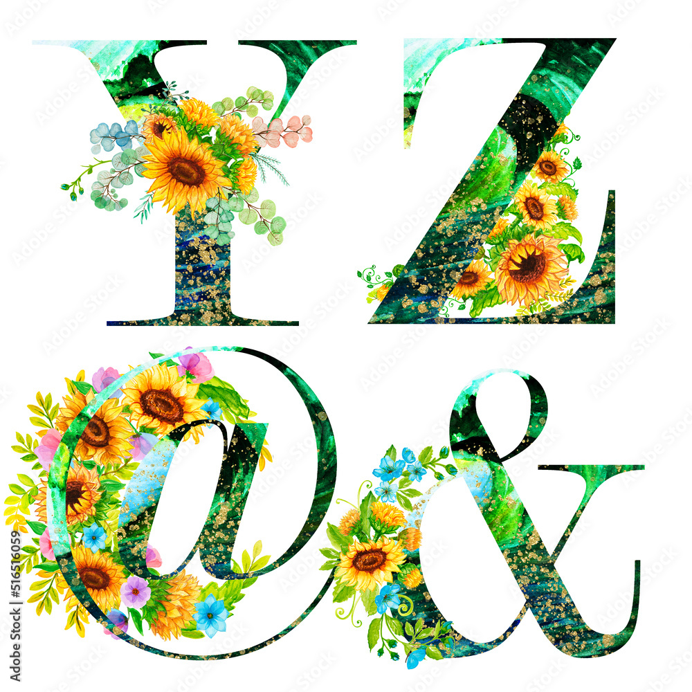 Watercolor collection of romantic green letters with hand drawn ...