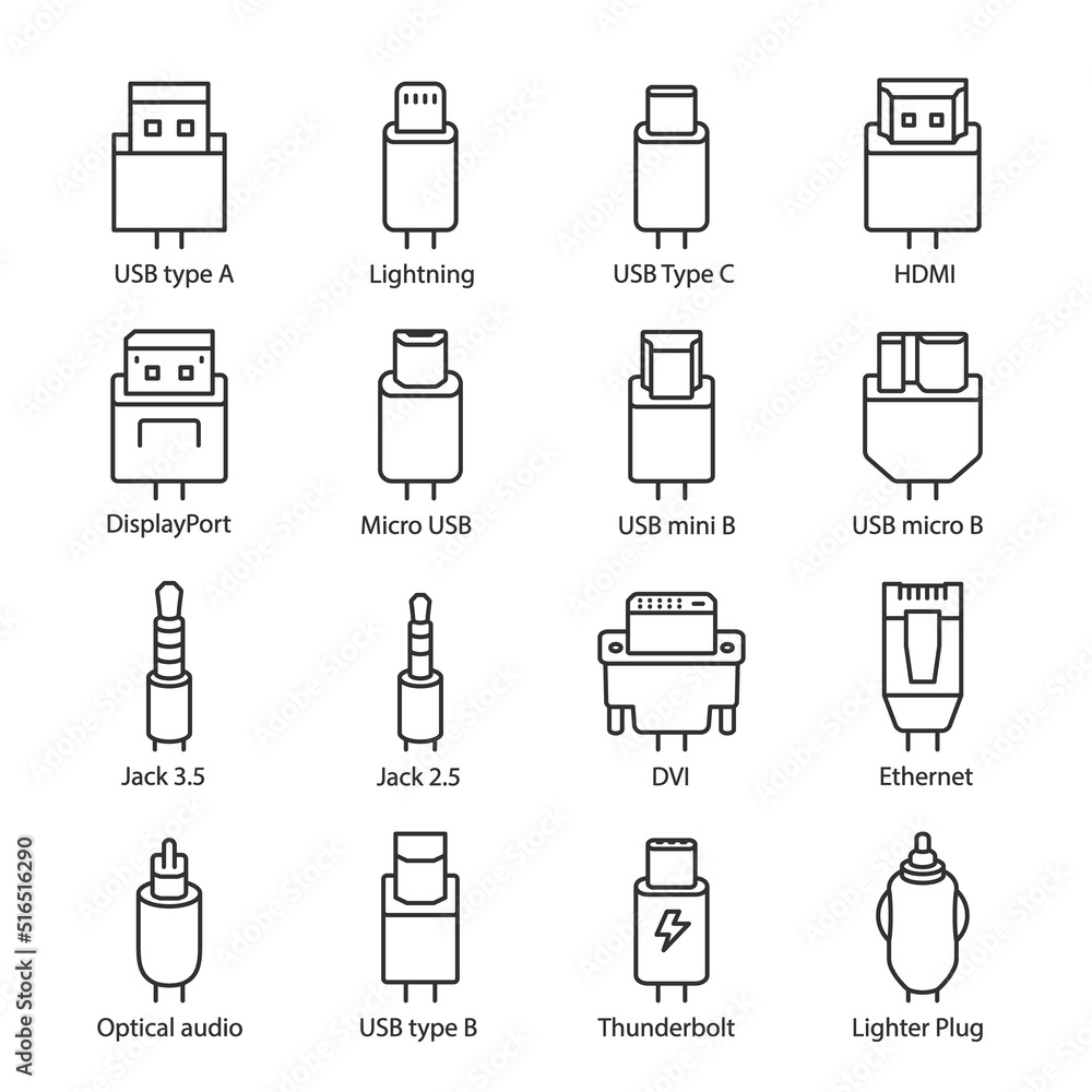 Cable connectors icons set. Different types of device connection ...