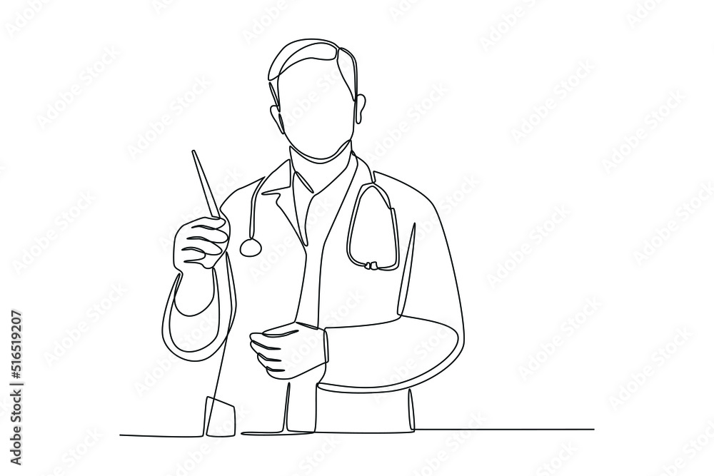 Single one line drawing doctor and stethoscope holds syringe in his ...
