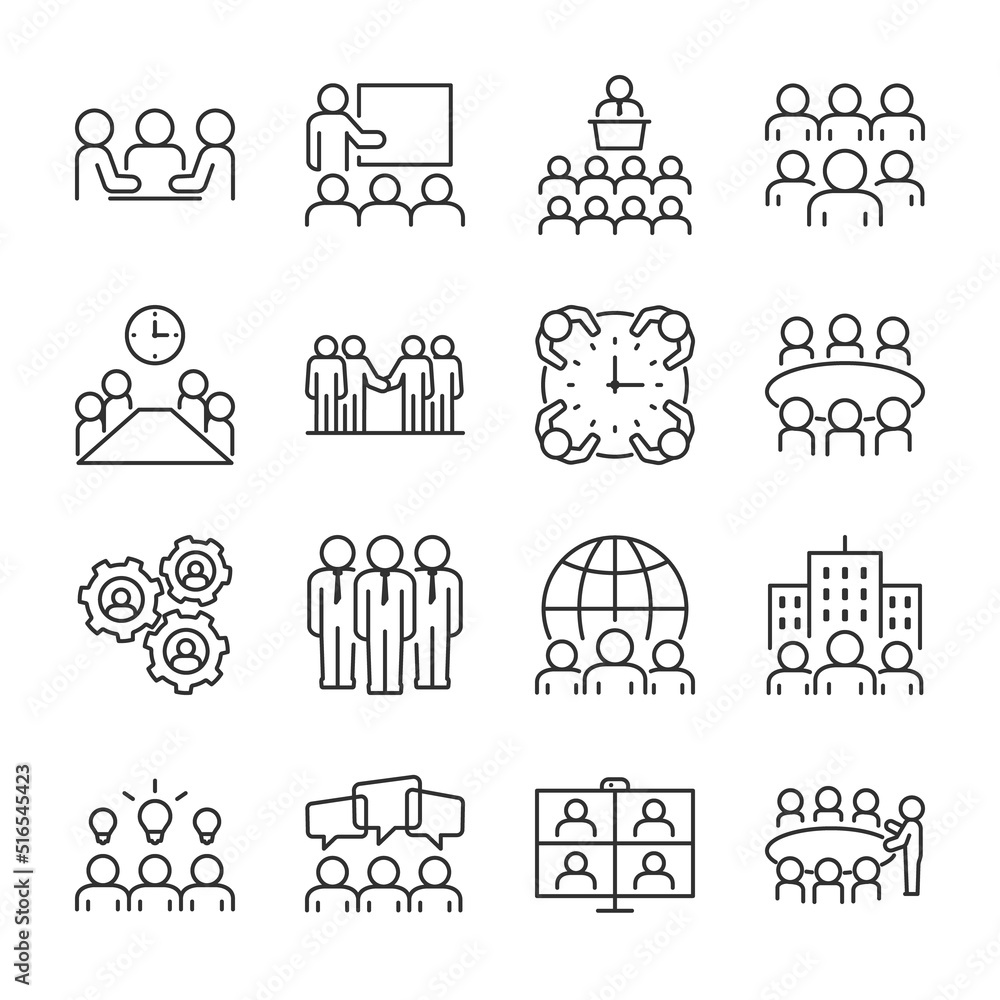 Meeting icons set. Team of employees. Employee meeting. A meeting, a ...
