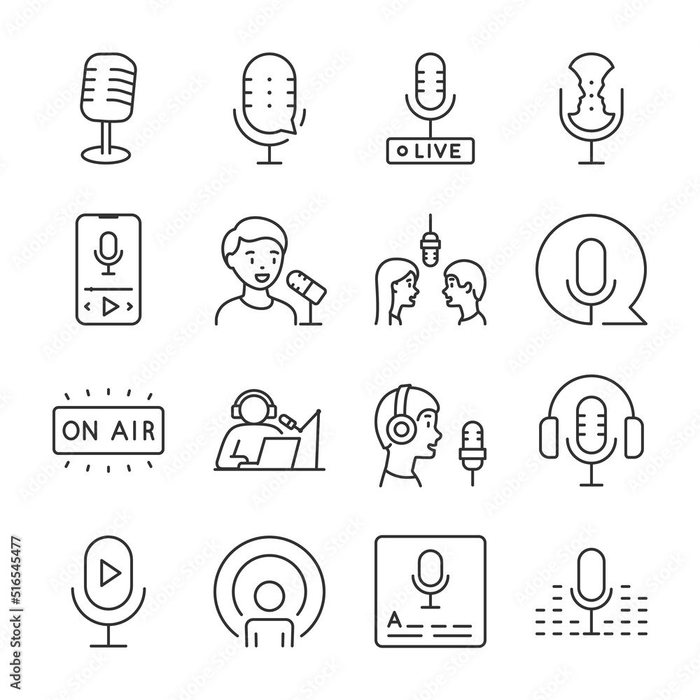 Podcast icons set. Podcasting, Radio format, live communication ...